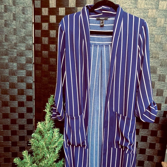 Forever 21 | Jackets & Coats | Belted Longline Striped Navy Blue And ...